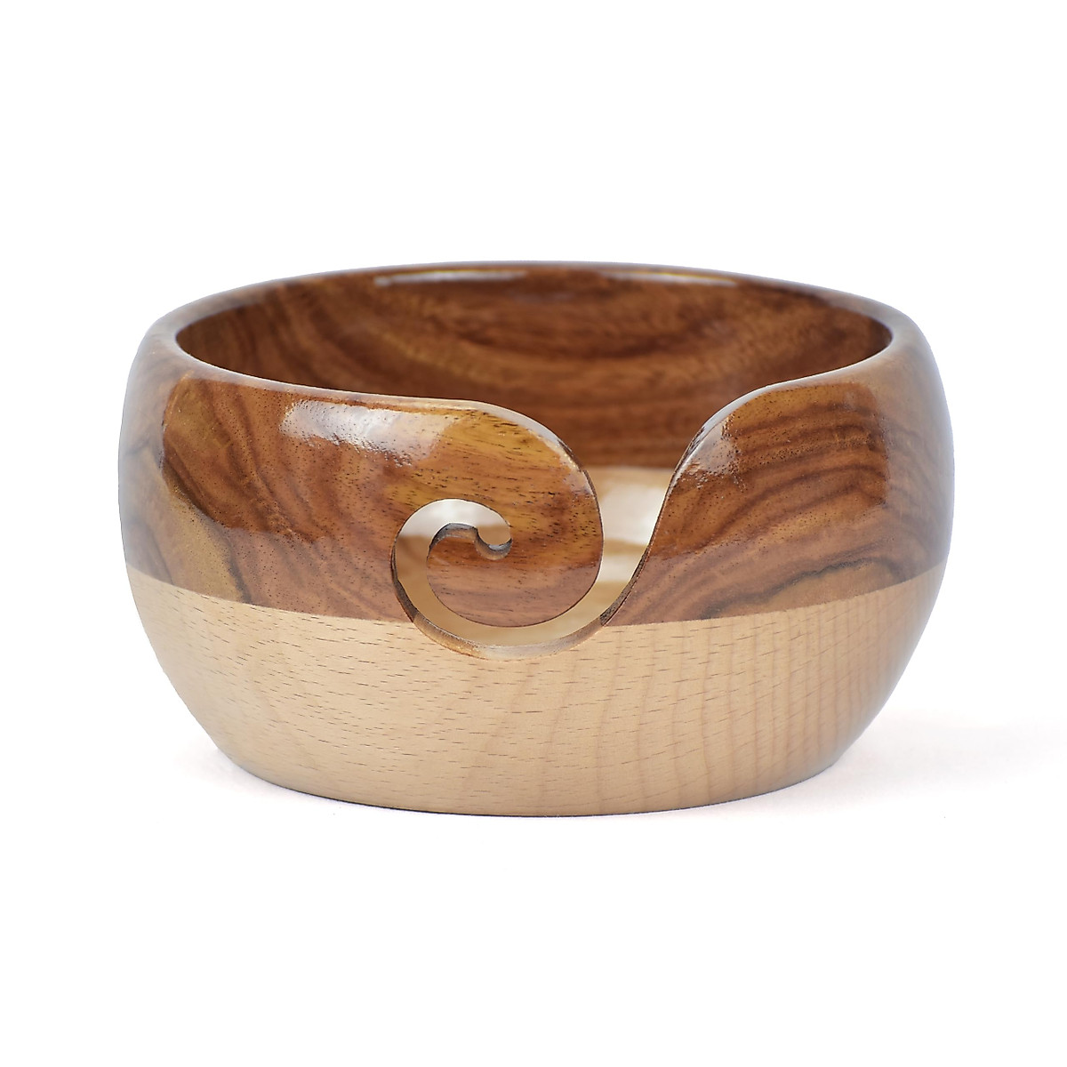 CRAFT INDIA Large Wooden Yarn Bowl | Handmade Knitting Wool Storage Bowl | Yarn Holder Dispenser with Holes to Prevent Slipping and Tangles for Knitting & Crocheting (Brown & Offwhite)