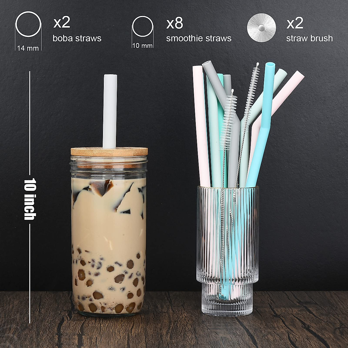 ALINK 15 inch Extra Long Silicone Straws + 2 Silicone Boba Straws 8 Smoothie Straws