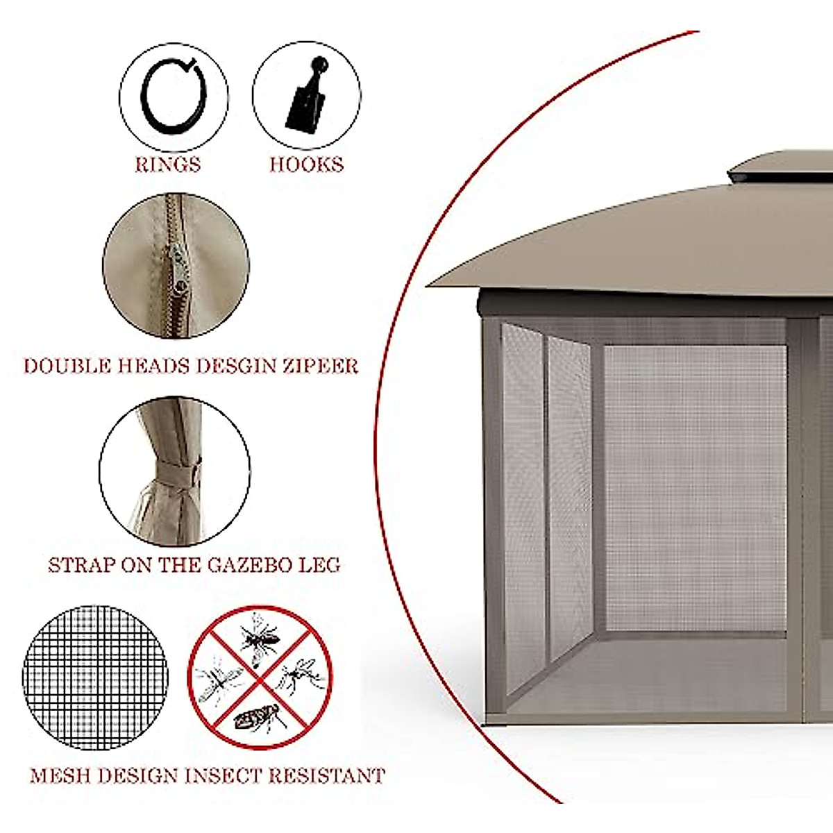 Gazebo Mosquito Netting Screen 4-Panels Universal Replacement for Patio, Outdoor Canopy, Garden and Backyard (12'x12', Beige)