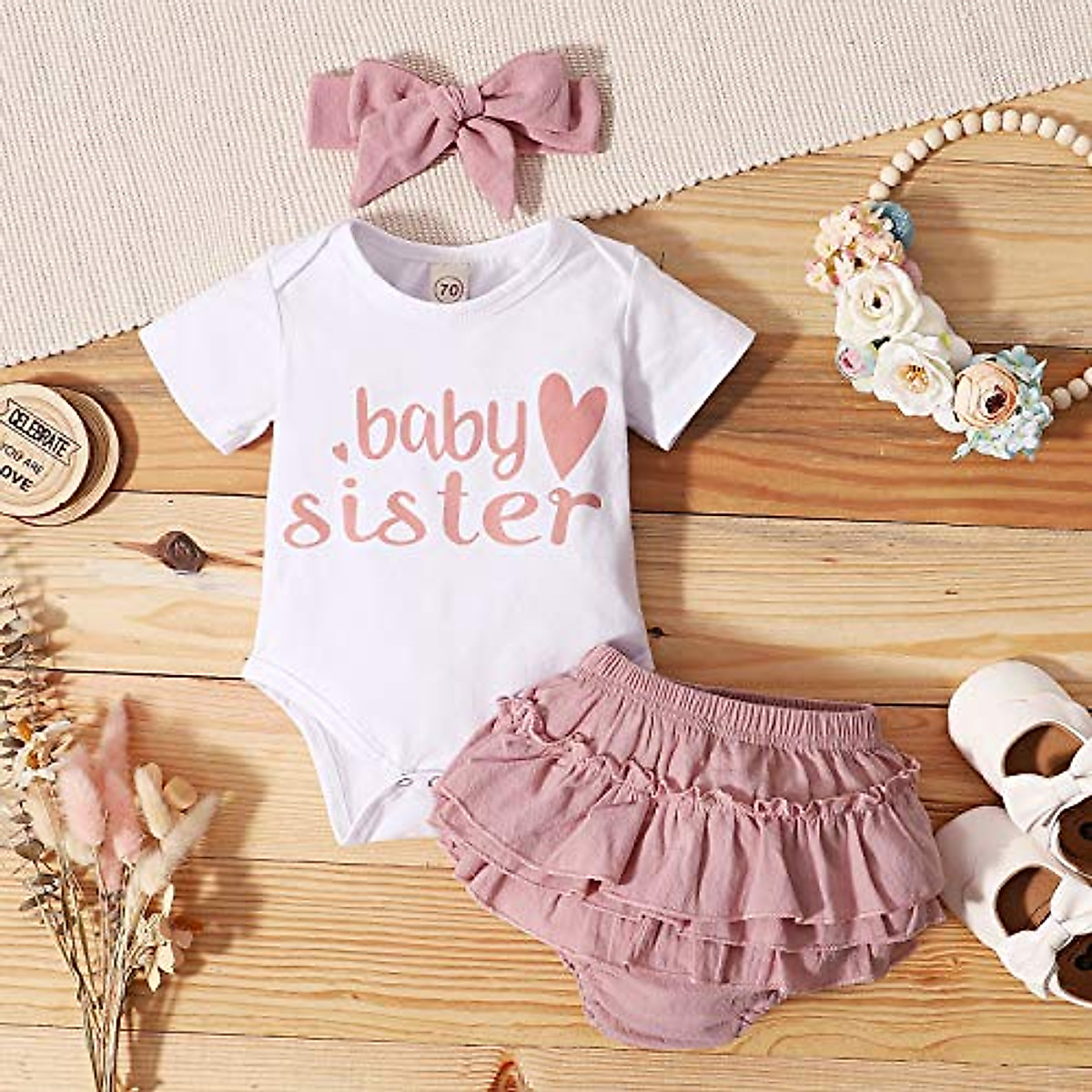 Dimoybabe Baby Girl Clothes Stuff Newborn Infant Summer Cute Outfit Cotton Ruffle Short Sleeve Romper + Floral Pants + Headband White Pink Baby Sister 0-3 Months 70CM