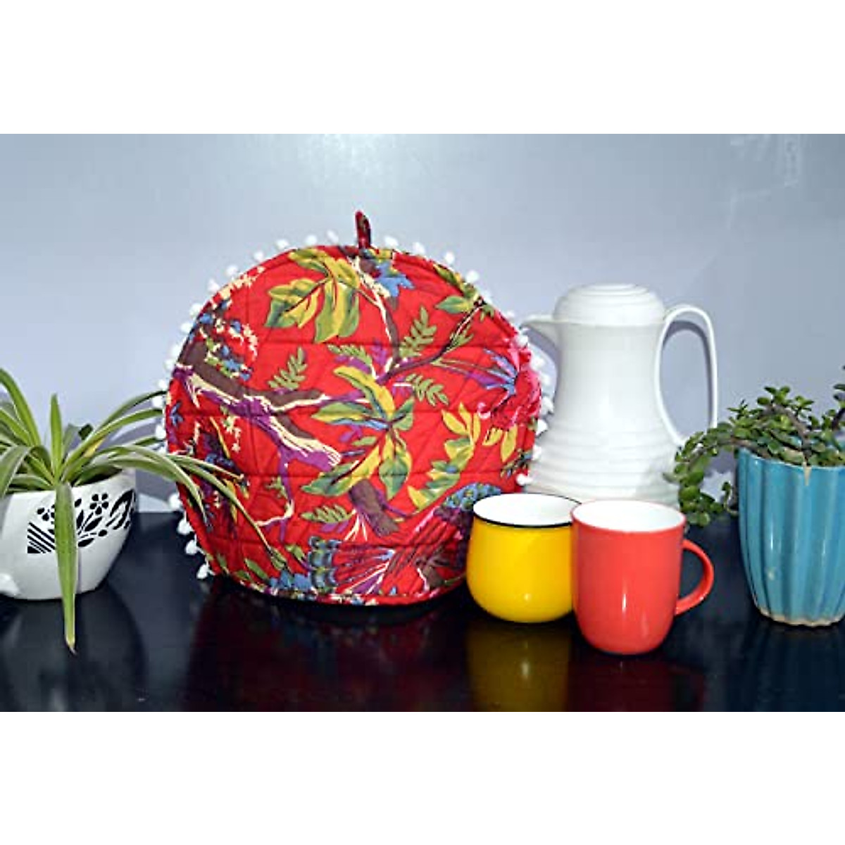 Tea Cozy Cotton Vintage Floral Tea Cosy for Teapots Keep Warm Teapot Cover Insulated Kettle Cover Tea Cozies with pom pom (Red Bird with white pom pom)