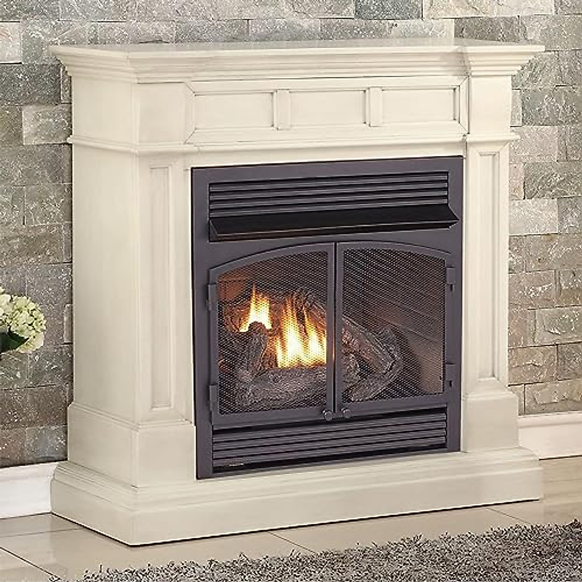 Duluth Forge Dual Fuel Ventless Gas Fireplace System with Mantle, Remote Control, 6 Fire Logs, Use with Natural Gas or Liquid Propane, 32000 BTU, Heats up to 1500 Sq. Ft., Antique White