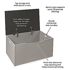 Badger Basket Flat-Top Toy Storage Chest in Grey with Charcoal Lid– Spacious, Safe Toy Box with Dual Safety Hinges and Anti-Pinch Slot