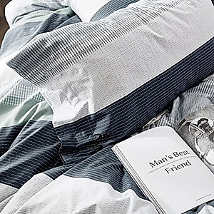 VClife Cotton Twin Duvet Cover White Grey Blue Stripe Comforter Quilt & Pillow Protector Cover Sets Simple Style Geometry Bedding Sets, 1 Twin Size Duvet Cover 68" x 86" & 2 Pillow Shams 20" x26"