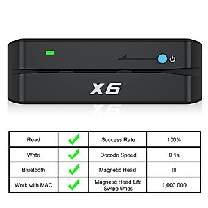 X6 BT Bluetooth Magnetic VIP Card Reader Writer USB 3 Tracks Swipe Encoder [Upgraded Black Version]