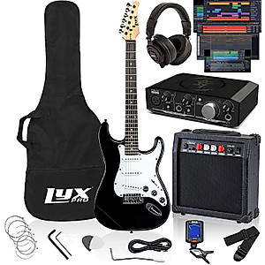 LyxPro Full Size Electric Guitar Black with 20w Amp Package, Mackie Onyx Artist 2-2 Audio/Midi interface With Pro Tools First/Tracktion Music Production Software Kit With Professional Headphones