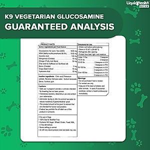 LIQUIDHEALTH 32 Oz K9 Vegetarian Liquid Glucosamine for All Dogs Canines - Chondroitin, MSM, Omega 3, Anti Oxidants Hyaluronic Acid – Joint Health, Dog Vitamins Hip Joint Juice, Joint Oil
