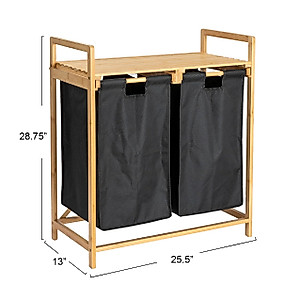 Household Essentials Bamboo Pull Out Double Hamper with Shelf, Natural and Black