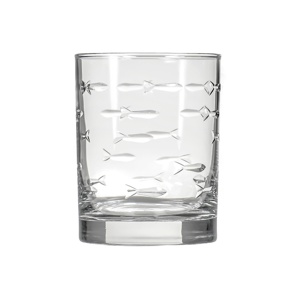Rolf Glass School of Fish 13oz Double Old Fashioned Glass | Whiskey Glass Set of 4 | Lead-Free Glass | Engraved Tumbler Glasses | Designed and Engraved in the US