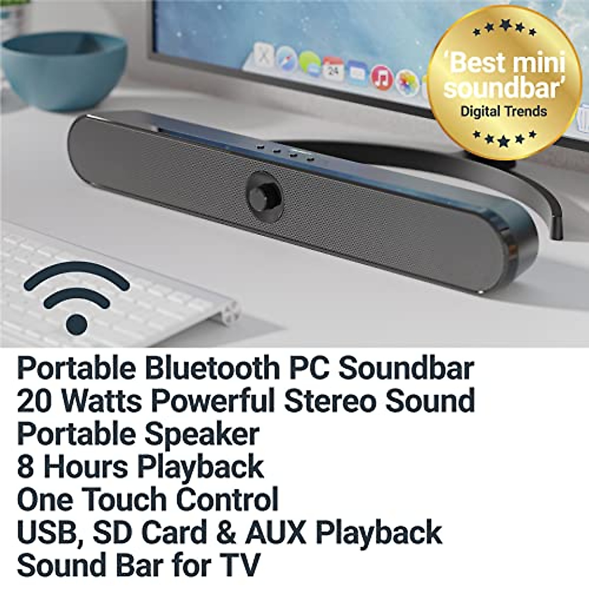 Majority Atlas Portable Bluetooth PC Soundbar | 20 Watts Powerful Stereo Sound | Portable Speaker with 8 Hours Playback | One Touch Control, USB, SD Card & AUX Playback Sound Bar for TV