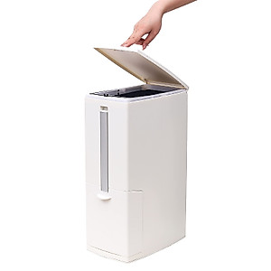 Cq acrylic Slim Plastic Trash Can 1.3 Gallon, Trash can with Toilet Brush Holder, 5 Liter Garbage Can with Press Top Lid, White Rectangular Modern Waste Can for Bathroom
