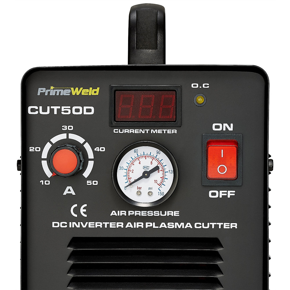PrimeWeld 50A Air Inverter Plasma Cutter, Portable Plasma Cutting Machine, Premium and Rugged Plasma Cutter Kit, Automatic Dual Voltage 110V/220V AC with Plasma Torch, 1/2" Clean Cut, CUT50D