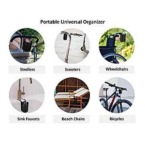 Rebraf Products Silicone Stroller Cup Holder- Stroller Organizer- Phone Holder- Portable Universal Attachment for Stroller, Walker, Bike, Wheelchair, Scooter, Lawn Chair, Beach Chair (Black)