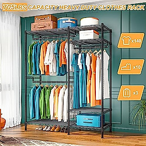 Raybee 77" H Clothes Rack Heavy Duty 705 LBS Capacity Metal Clothing Racks for Hanging Clothes Rack Heavy Duty Adjustable & Portabke Closet Garment Rack 45.3" W X 16.7" D X 77" H Balck