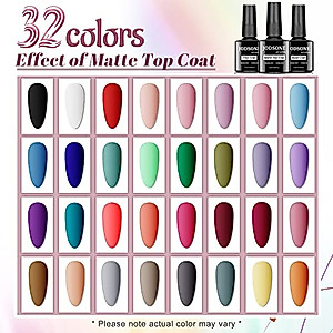JODSONE 35 PCS Gel Nail Polish Set Base Coat No Wipe Top Coat Matte Top Coat Nail Polish Set - Gel Nail Kit with 32 Colors Gel polish Kit Green Blue Red Pink Collection Gifts for Women