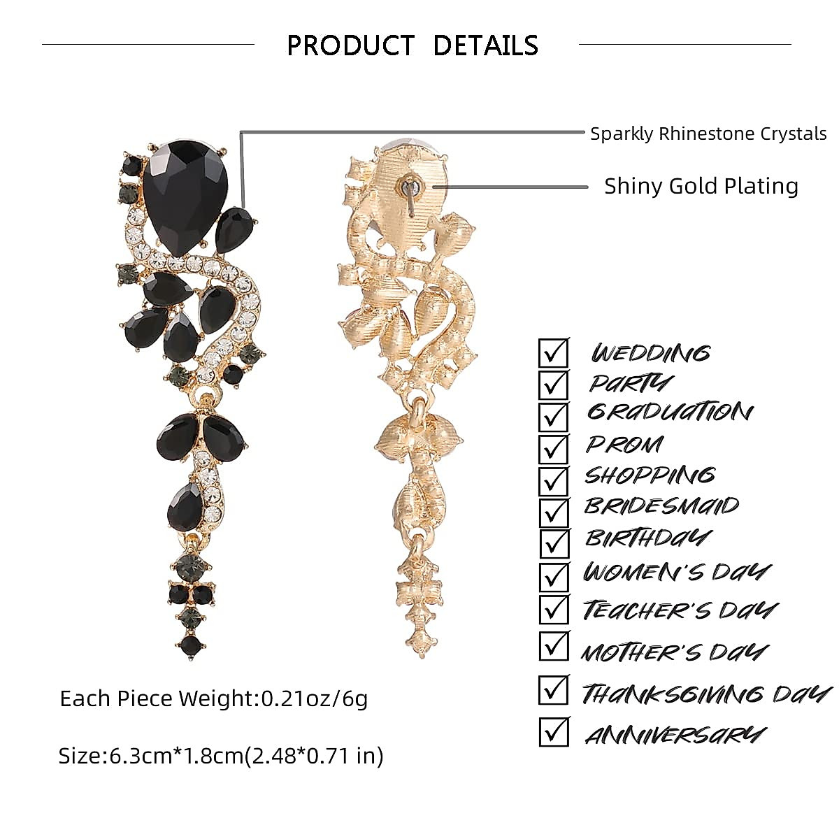 Black Rhinestone Statement Drop Dangle Earrings Dangling Sparkly Crystal Bridal Bridesmaid Wedding Earrings Long Chandelier Teardrop Earrings for Women Prom Party