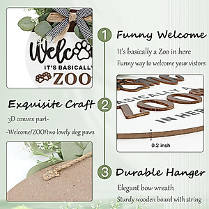 TOARTi 3D Rustic Humorous Front Door Welcome Sign, It's Basically A Zoo In Here, Funny Pet Lover Home Porch Wall Decor, 11.8''x11.8'' Wooden Sign with Black Letters & Bow-knot Wreath