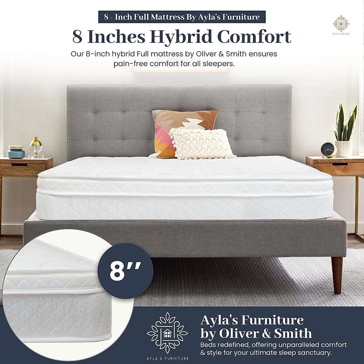 Aylas Furniture Full Size Mattress- 8 Inch Hybrid Mattress Full with High Density & Comfort Cold Foam with Continuous Coil Bonnell Springs - Eco-Friendly, Breathable Full Mattress Medium Firmness