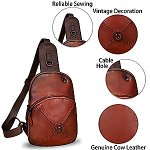 LRTO Genuine Leather Small Sling Bag for Women Crossbody Purse Handmade Hiking Daypack Retro Shoulder Backpack Vintage Chest Bags (Red)