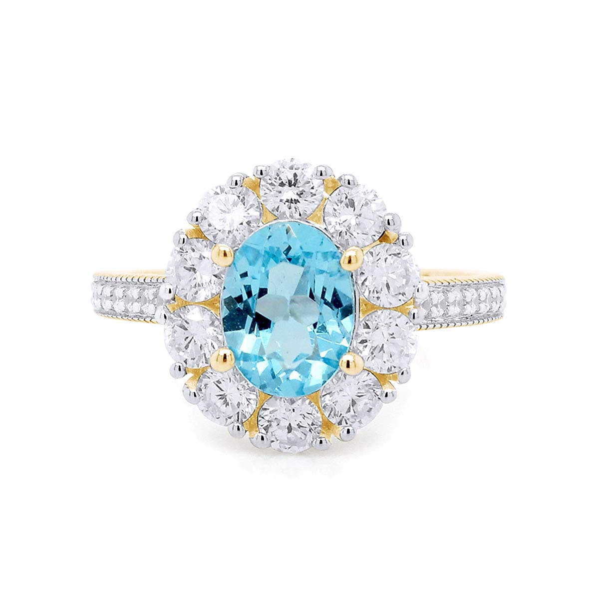 GEMVIO Collection 3 1/2 CT Cluster Halo Design, 6X8MM Oval Blue Topaz & Cubic Zirconia Ring 14k Yellow Gold Over Sterling Silver Engagement Wedding Promise Ring For Womens (3.50Cttw) Ring Size-7.5