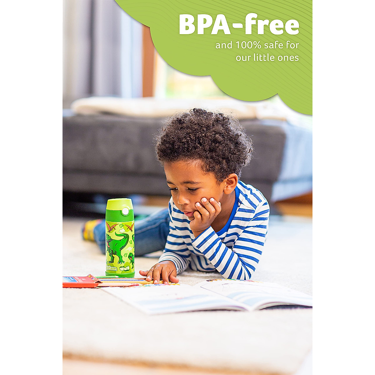 Jarlson kids water bottle with straw - CHARLI - insulated stainless steel water bottle - thermos - girls/boys (Dinosaur 'Star', 12 oz)