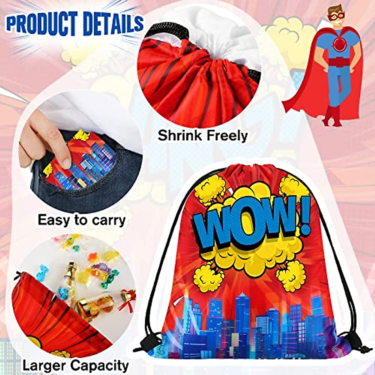 18 Pcs Hero Party Favors Bags Comic Heroes Drawstring Bag Backpacks Goodie Candy Gift Bags for Kids Girls Boys Birthday Party Supplies Decorations, 9.8 x 11.8 Inch