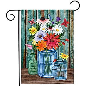 Spring Garden Flag 12 x 18 Inch Burlap Double Sided Vertical Welcome Spring Summer Flags Vase Flower Garden Yard Banners for Outside Seasonal Decoration