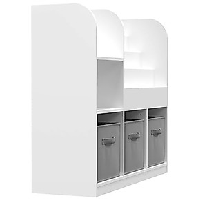 AOCOROE Kids Bookshelf, Wooden Bookcase, Toy Storage Cabinet Organizer with 4-Tires Bookshelf, Book Organizer with 3 Collapsible Fabric Drawers