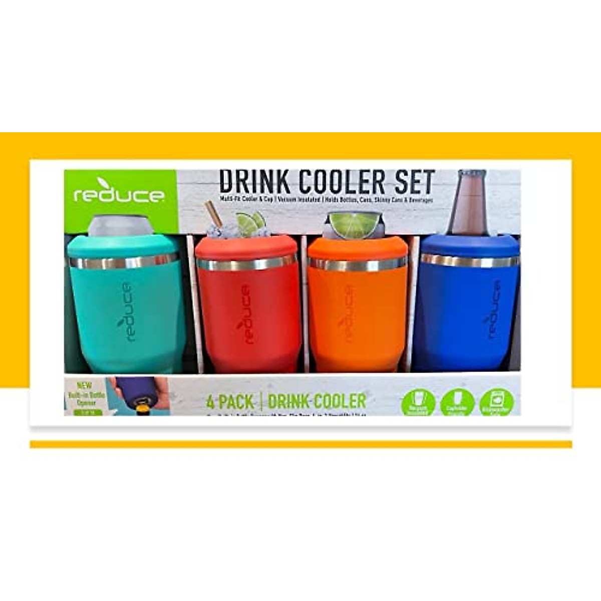 REDUCE 14 oz. Vacuum Insulated Stainless Steel Drink Cooler, 4 Pack Built-in Bottle Opener whit Non-Slip Base 4-in-1 Versatility Colors: Aqua-Red-Orange-Blue (ART1614168)