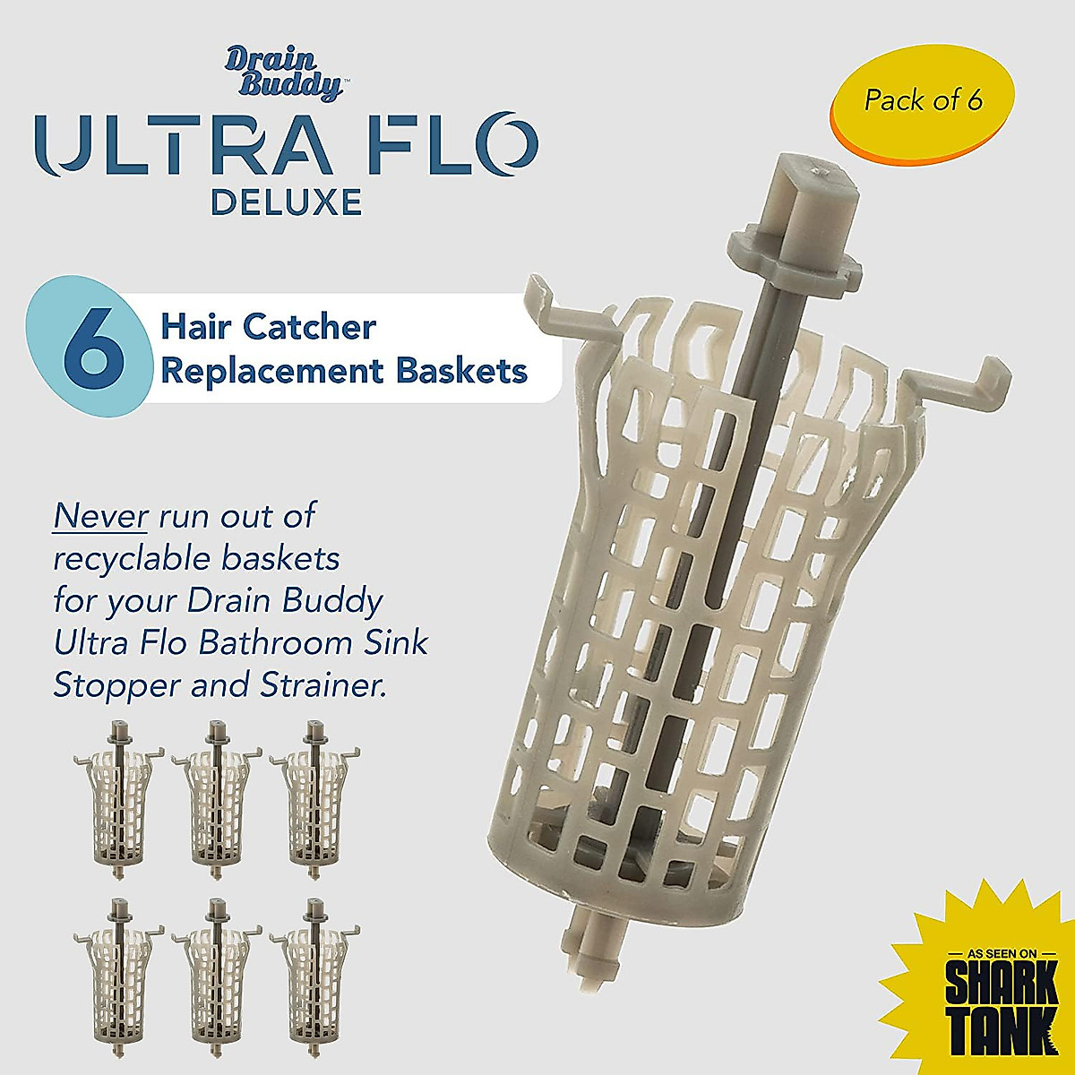 Drain Buddy Ultra Flo - 6 Pack 2 in 1 Bathroom Sink Replacement Basket Drain Hair Catcher with Stopper Strainer & - No Installation Clog Prevention, Fits 1.25” Wide Sink Drains - As Seen On Shark Tank