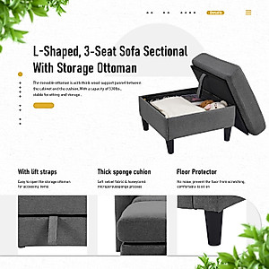 Homnso Modular Couch 3 Seat L Shaped Sofa,Convertible Sectional Sofa Couch with Reversible Chaise for Living Room Apartment,74inch,Dark Grey (L-Shape 3 Seater-Dark Grey)