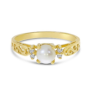 Direct-Jewelry 14k Yellow Gold Freshwater Cultured Pearl And Diamond Filagree Ring (Size 7)
