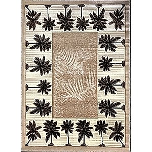 Palm Tree Modern Area Rug Tropical Beige & Green Design 729 (5 Feet X 7 Feet)