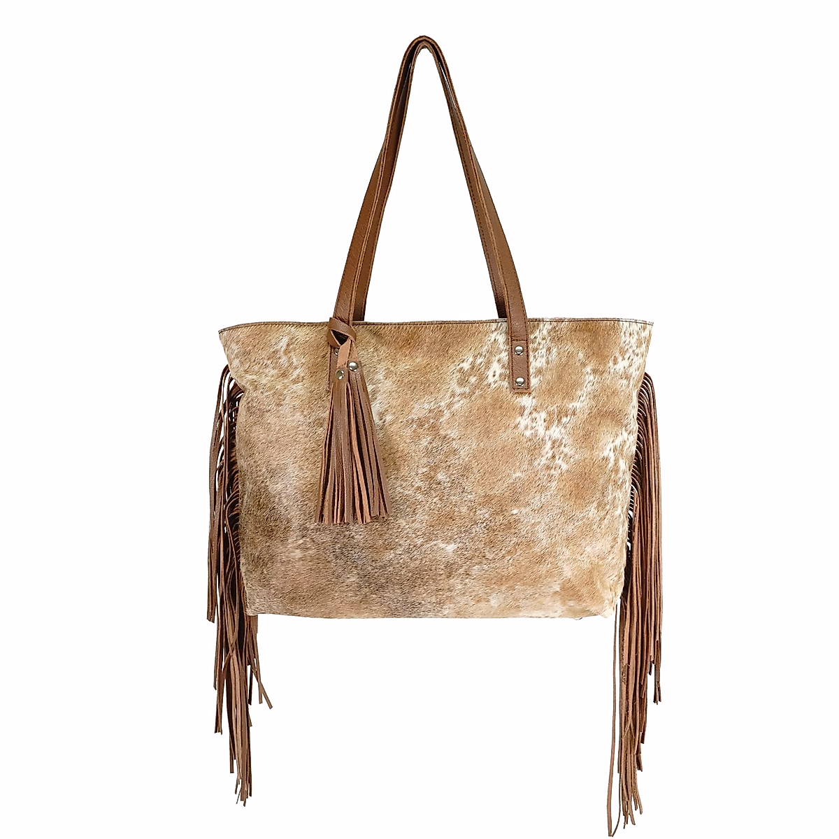 bonanza leathers Cowhide Shoulder Bag - Stylish Western Fringe Purse w/Zipper Closure - Durable Western Tote Bag & Leather Bag for Daily Use - Western Purse w/Unique Cowhide Pattern - Chocolate