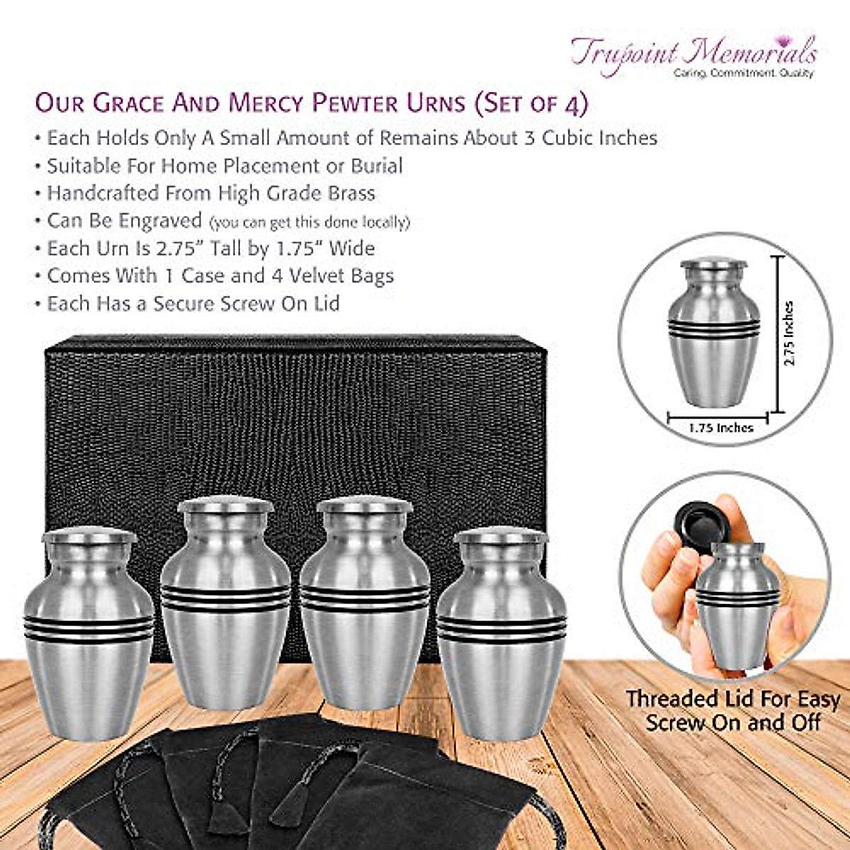 Trupoint Set of 4 Small Urns for Human Ashes Adult Male or Female - Holds 0.75 Lbs. Per Mini Urn, 2.75" x 1.75" Mini Cremation Urns, Keepsake Burial Urns with Case & Bags - Pewter