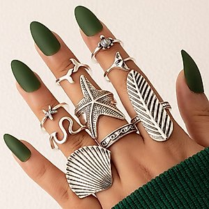 Missgrace 9Pcs Silver Dainty Simple Leaf Starfish Shell Knuckle Stacking Rings Set for Women Teen Girls Boho Vintage Finger Rings Stackable Silver Midi Rings Set Multiple Rings for Women and Girls Size 4.5-8