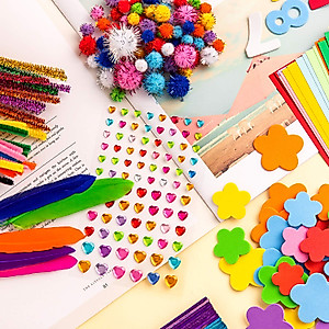Whaline 1050 PCS Art Craft Kit Supplies 17 Styles Pipe Cleaners Pompoms Wiggle Googly Eyes Foam Flowers Letters Construction Papers Safety Scissors Sticks Heart Stickers Feather Felt Cloth Button