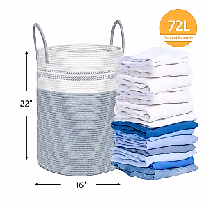 WEAVELYRICS 72L Tall Laundry Basket, Cotton Rope Laundry Hamper, Laundry Hamper with Handles, Decorative Woven Basket for Dirty Clothes, Blankets, Pillows in Bathroom, Bedroom (Gray, 16 x 22in)