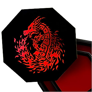 Fantasydice Red Fire Dragon Dice Tray with Lid – 9" Octagon with Dice Staging Area, Holds 5 Dice Sets – Perfect for D&D, Call of Cthulhu, Shadowrun, and All Tabletop RPGs