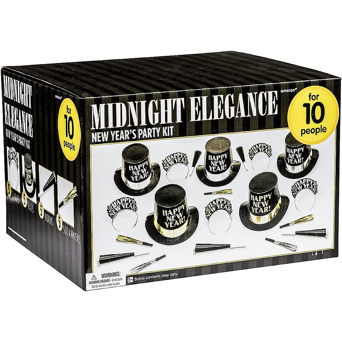amscan Midnight Elegance Black, Gold and Silver 2025 New Year's Eve Party Decorations Supplies for 10, Includes Top Hats and Tiaras
