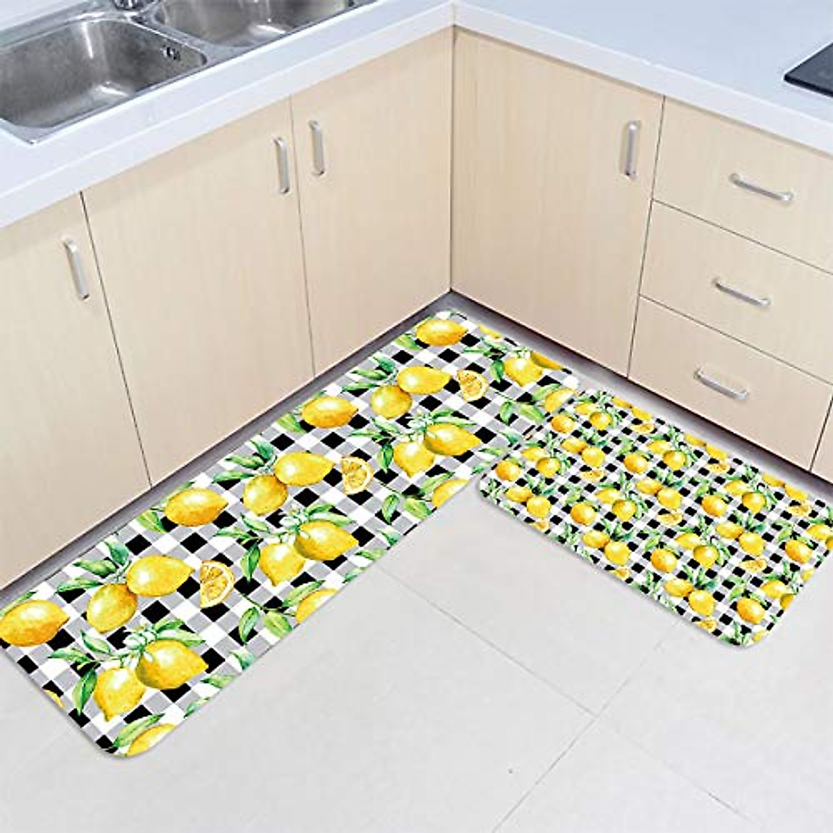 SUN-Shine Watercolor Yellow Lemon Buffalo Plaid Kitchen Rug Set 2 Pieces Cushioned Kitchen Floor Mats Comfort Soft Standing Doormat, Non Slip Rugs and Runner Black White