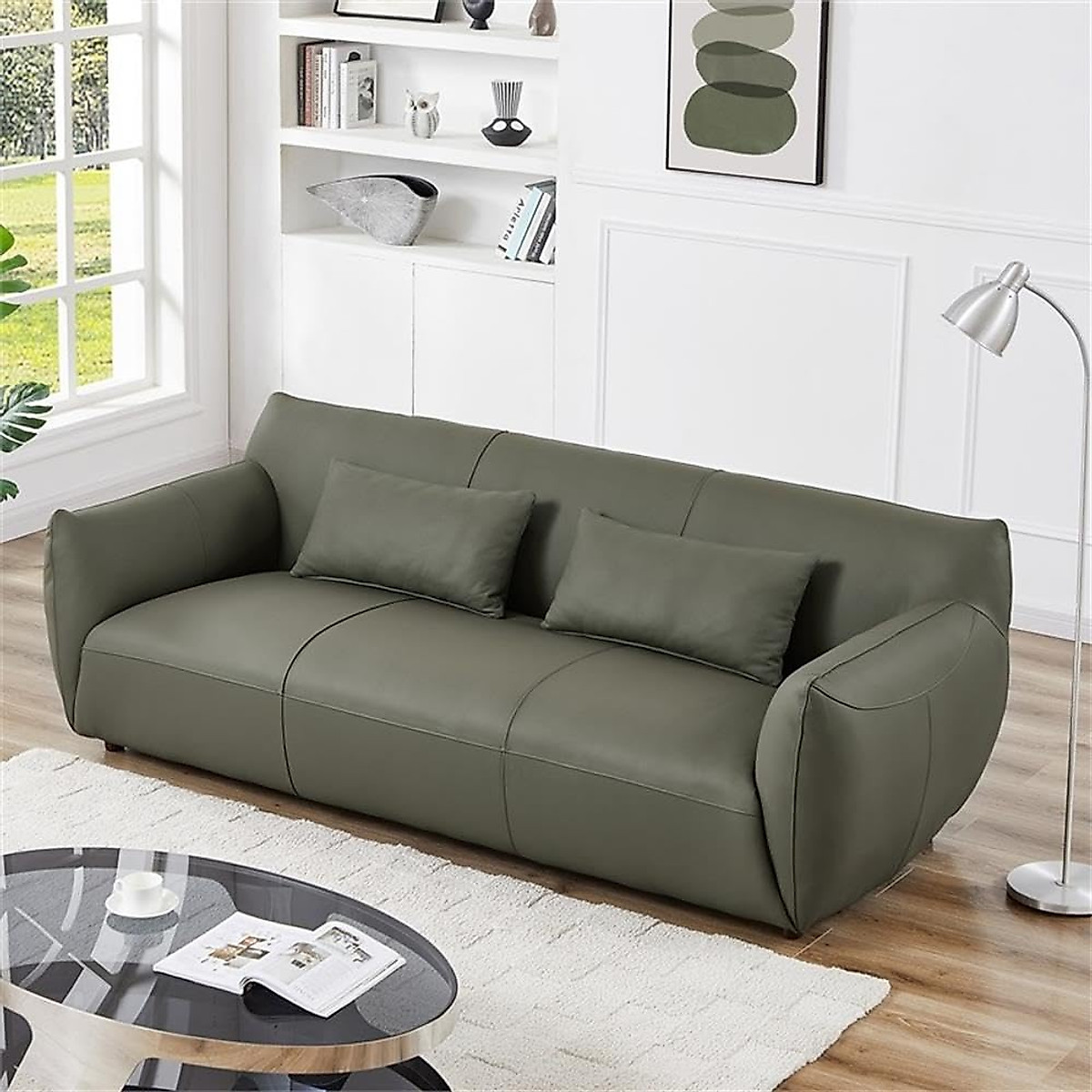 Ashcroft Furniture Co Prairie Upholstered Mid-Century Leather Sofa in Olive Green