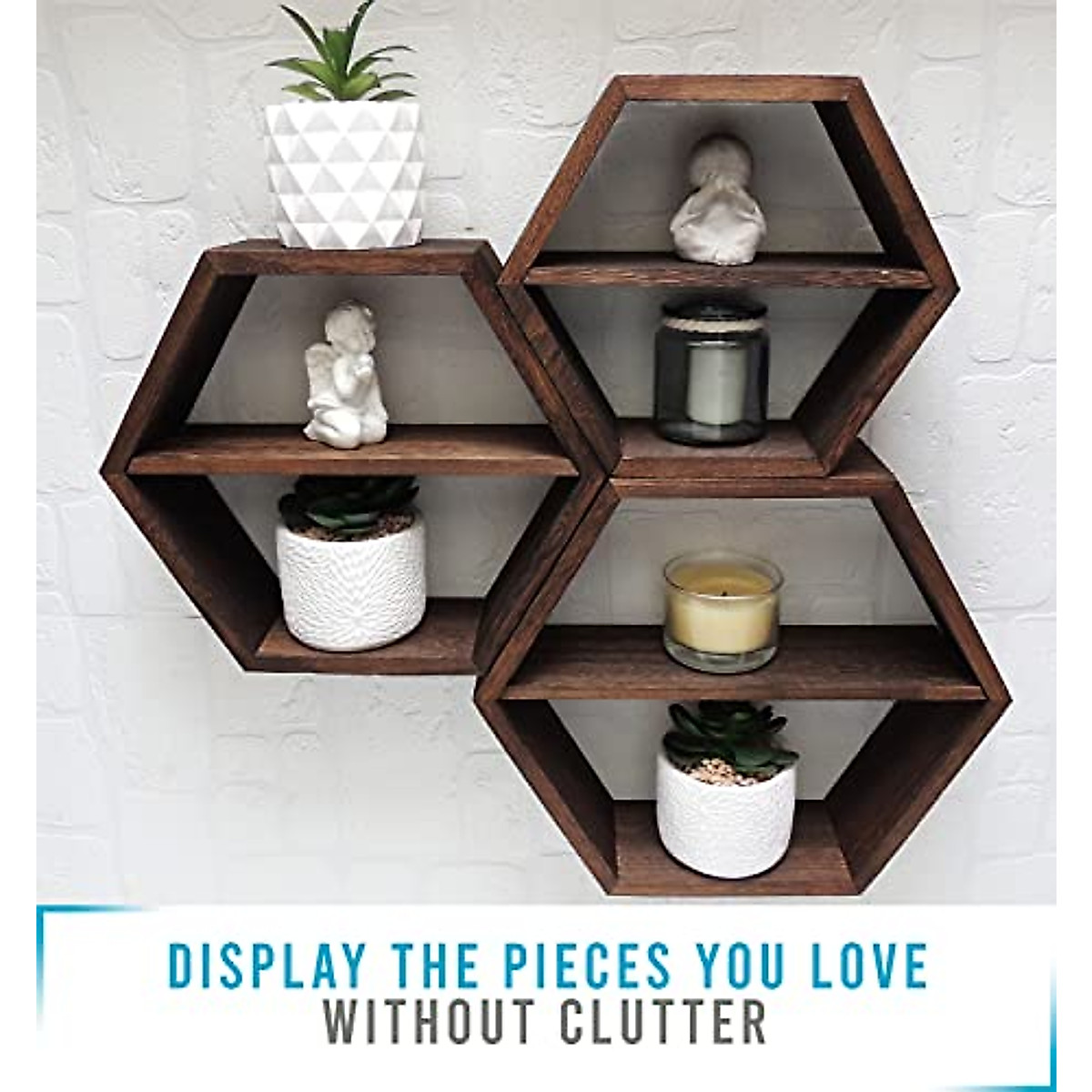 Rustic Wall Mounted Hexagonal Floating Shelves – Set of 3 – Large, Medium and Small – Screws and Anchors Included - Farmhouse Shelves for Bedroom, Living Room and More – Honeycomb Wall Décor - Torched