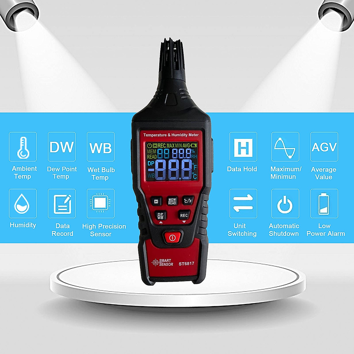 Lunarlipes ST6817 Thermometer Hygrometer, Digital Temperature Humidity Meter, Handheld Thermometer Hygrometer with Ambient, Dew Point, Wet Bulb for Outdoor and Indoor, Max/Min Hold, LCD Backlight