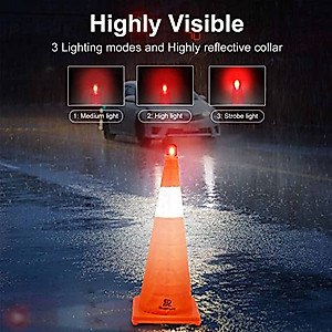 RoadHero 28 Inch [2 Pack] Collapsible Traffic Safety Cones, Multi Purpose Pop-up Cones with Reflective Collar for Road Safety, Orange Cones with LED Light for Driving Training, Parking Lots