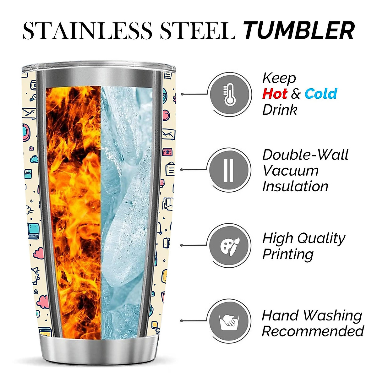 FOCIUZTA 20oz Tumbler with lid, Insulated Cup, Travel Coffee Mug, Ideal for Easter, Gaming Enthusiast, Mother’s Day, Birthday Gifts, Fun Tech Doodle Pattern