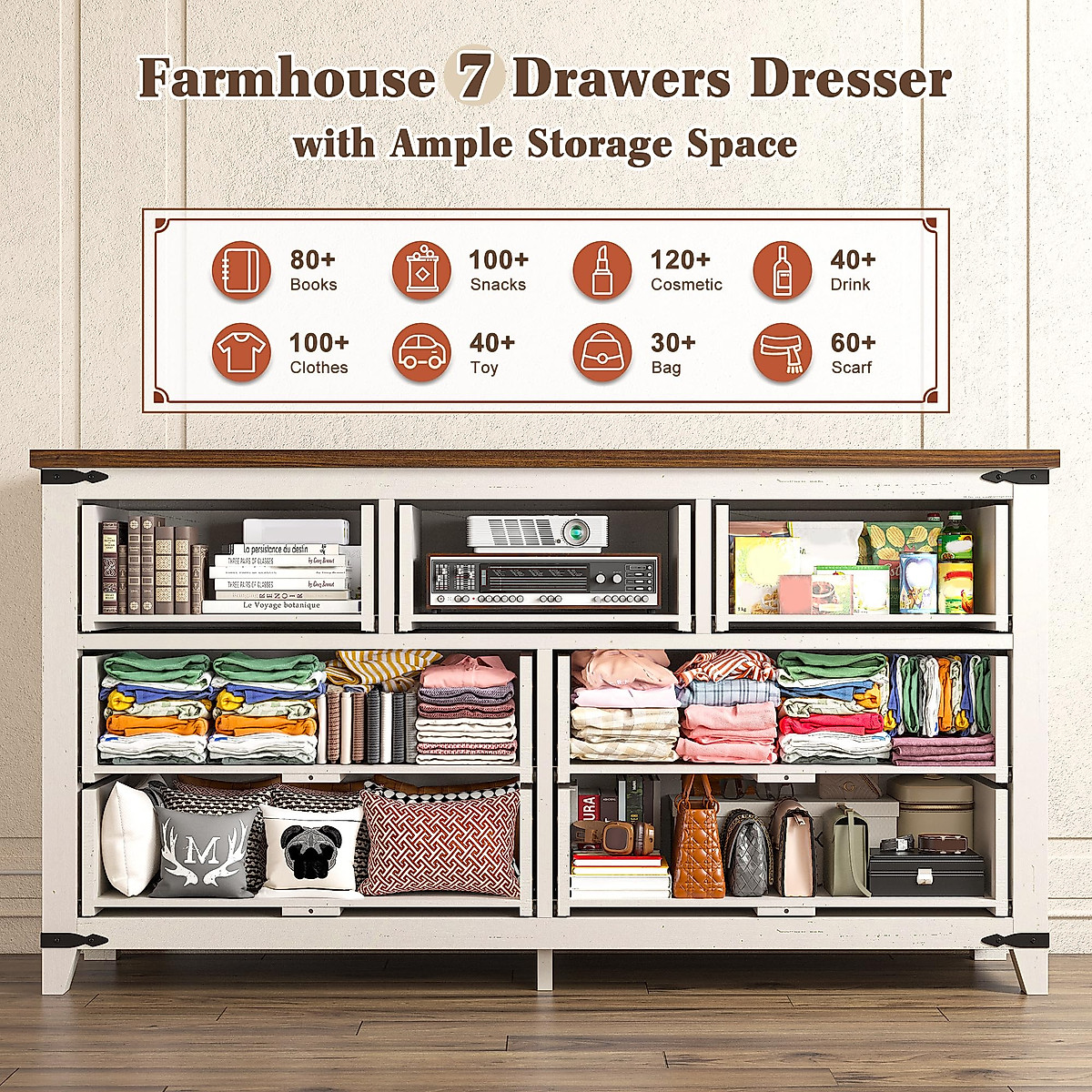 EnHomee Farmhouse 7 Drawers Dresser for Bedroom 51" Wide Wood Dressers & Chests of Drawers White Dresser with Natural Texture Bedroom Dresser TV Stand for Bedroom, Hallway, Closet, Antique White