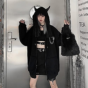 LAVASEON Women Oversized Devil Horns Butterfly Brooch Chain Hoodies Harajuku Goth Zip Sweatshirt Pullover Tops Black