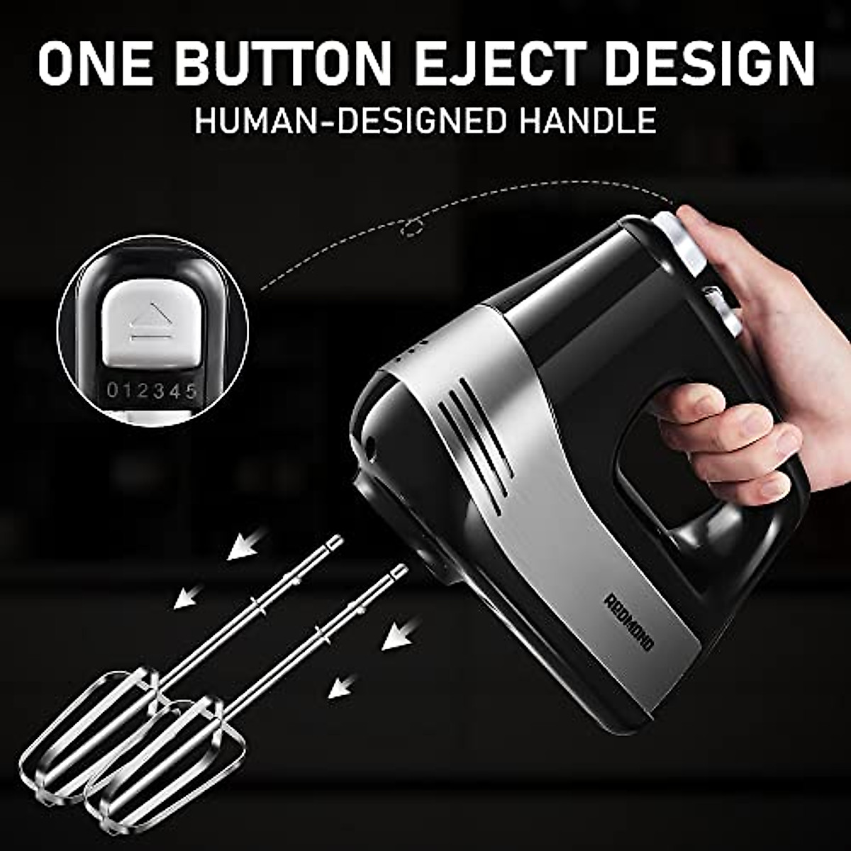 Hand Mixer Electric, REDMOND Hand Held Mixer with Turbo Function, Stainless Steel 5-Speed Kitchen Mixer for Whipping, Mixing Cookies, Cakes, and Dough Batters, Black