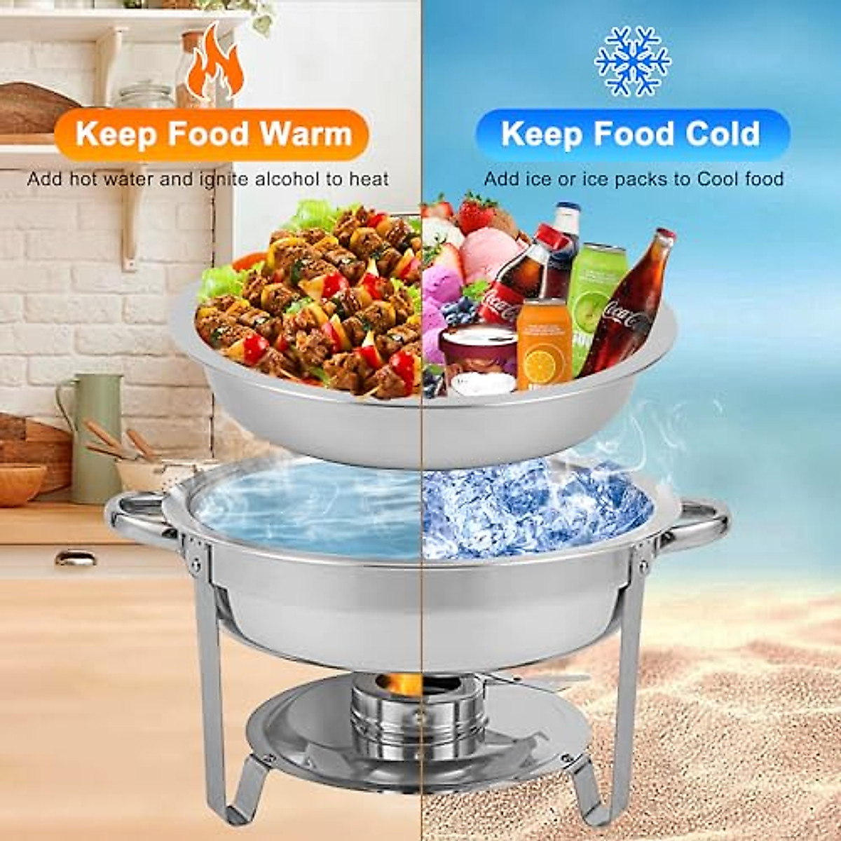 HORESTKIT Chafing Dish Buffet Set Stainless Steel Round Chafers and Buffet Warmers Set with Glass Viewing Lid, 5QT Foldable Complete Food Warmer